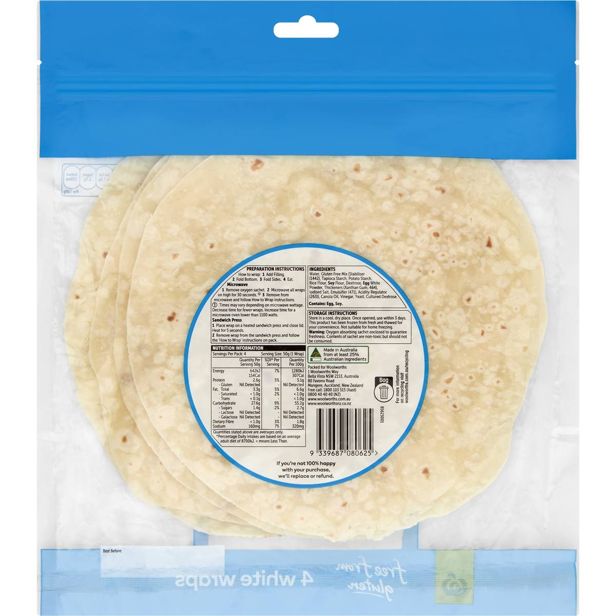 Woolworths Free From Gluten White Wraps 4 Pack | Woolworths