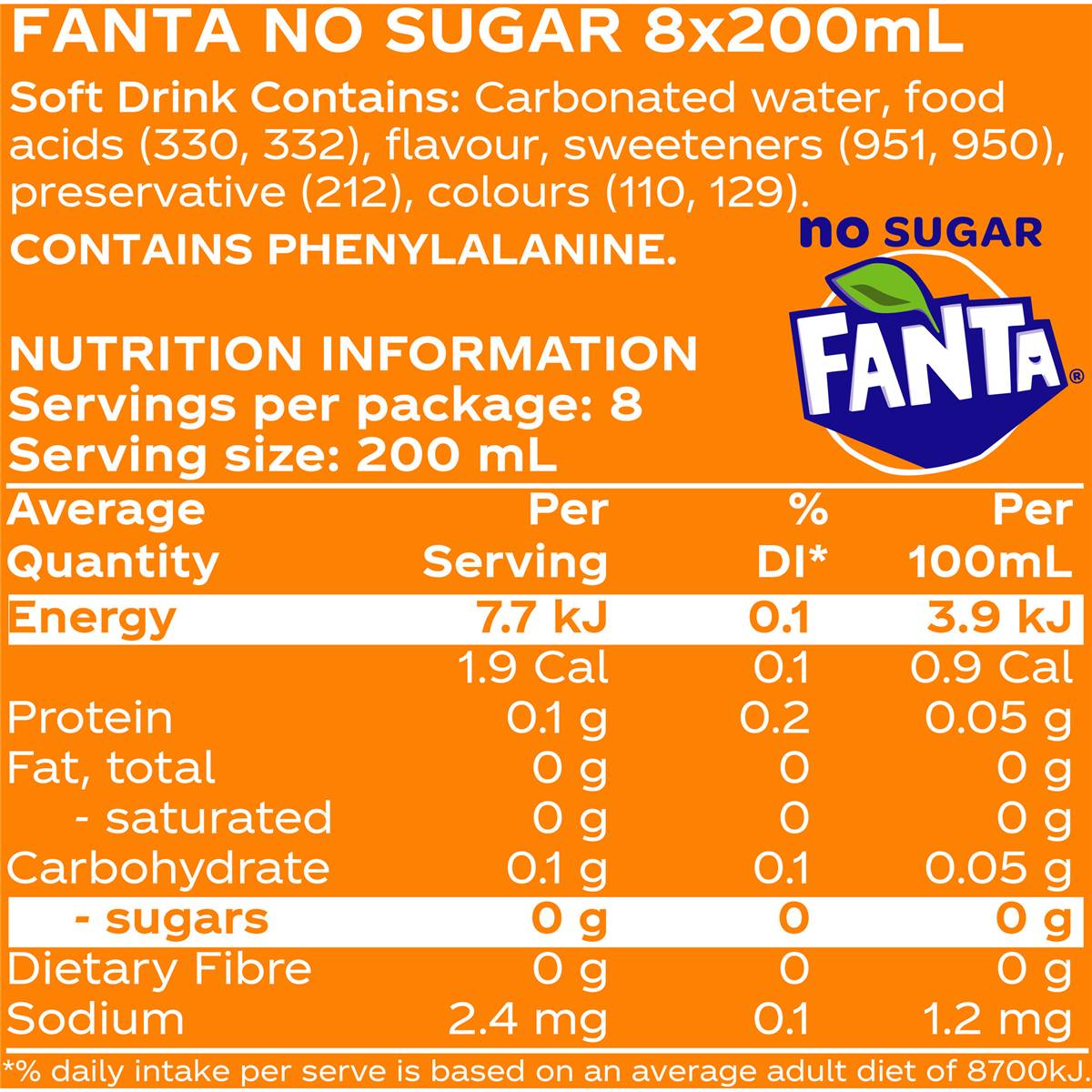 Fanta No Sugar 200ml X8 Pack | Woolworths