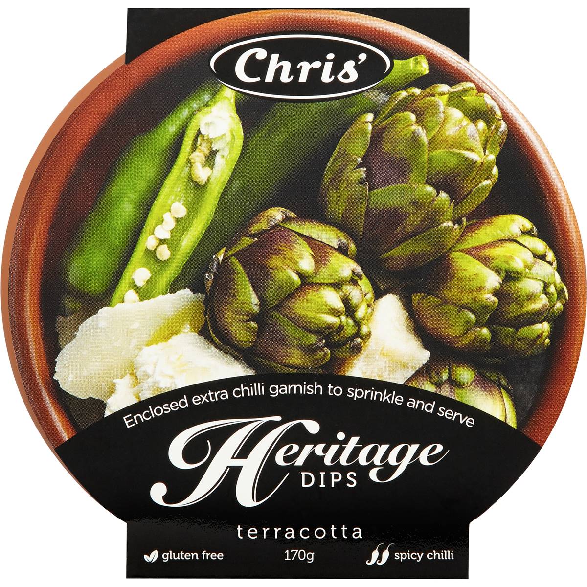 Chris' Heritage Dips Artichoke Parmesan Grn Chilli 170g | Woolworths