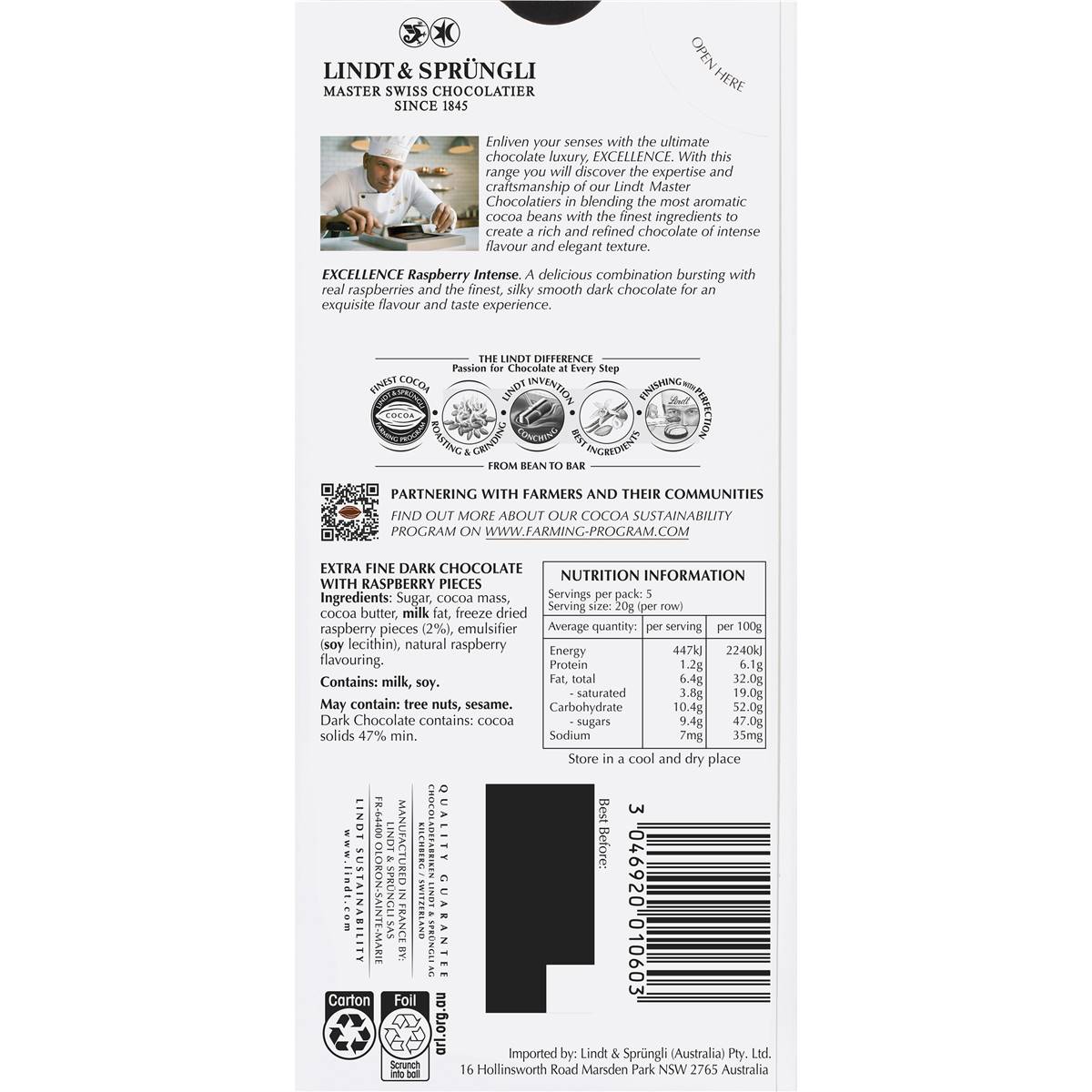 Lindt Excellence Raspberry Intense Dark Chocolate Block 100g | Woolworths