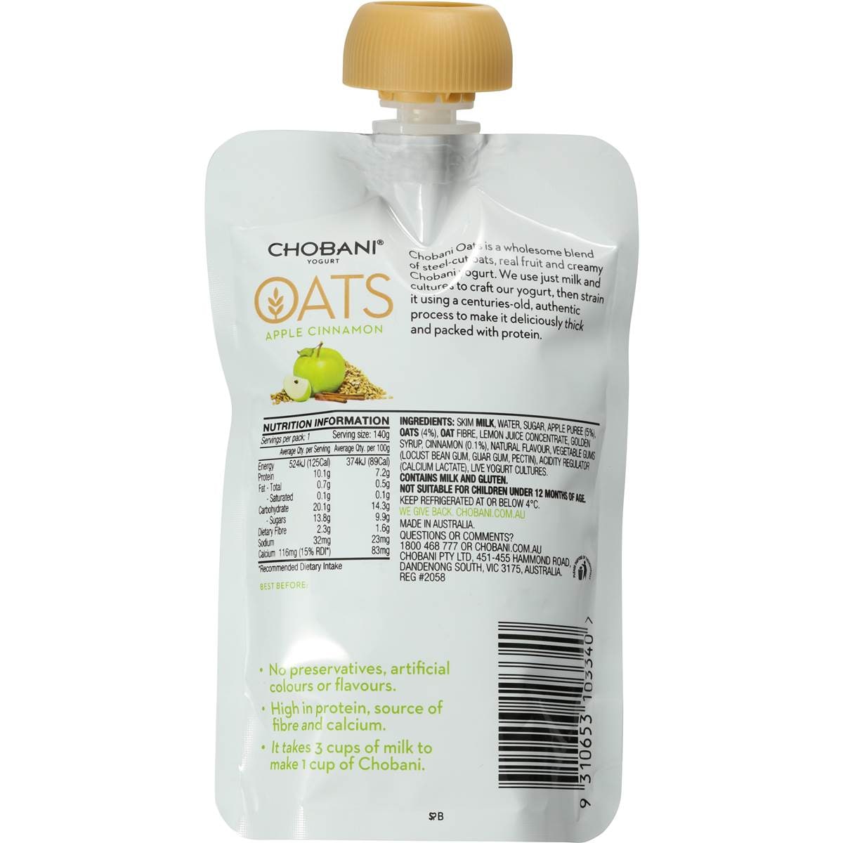 Chobani Oats Apple Cinnamon Yoghurt Pouch 140g | Woolworths