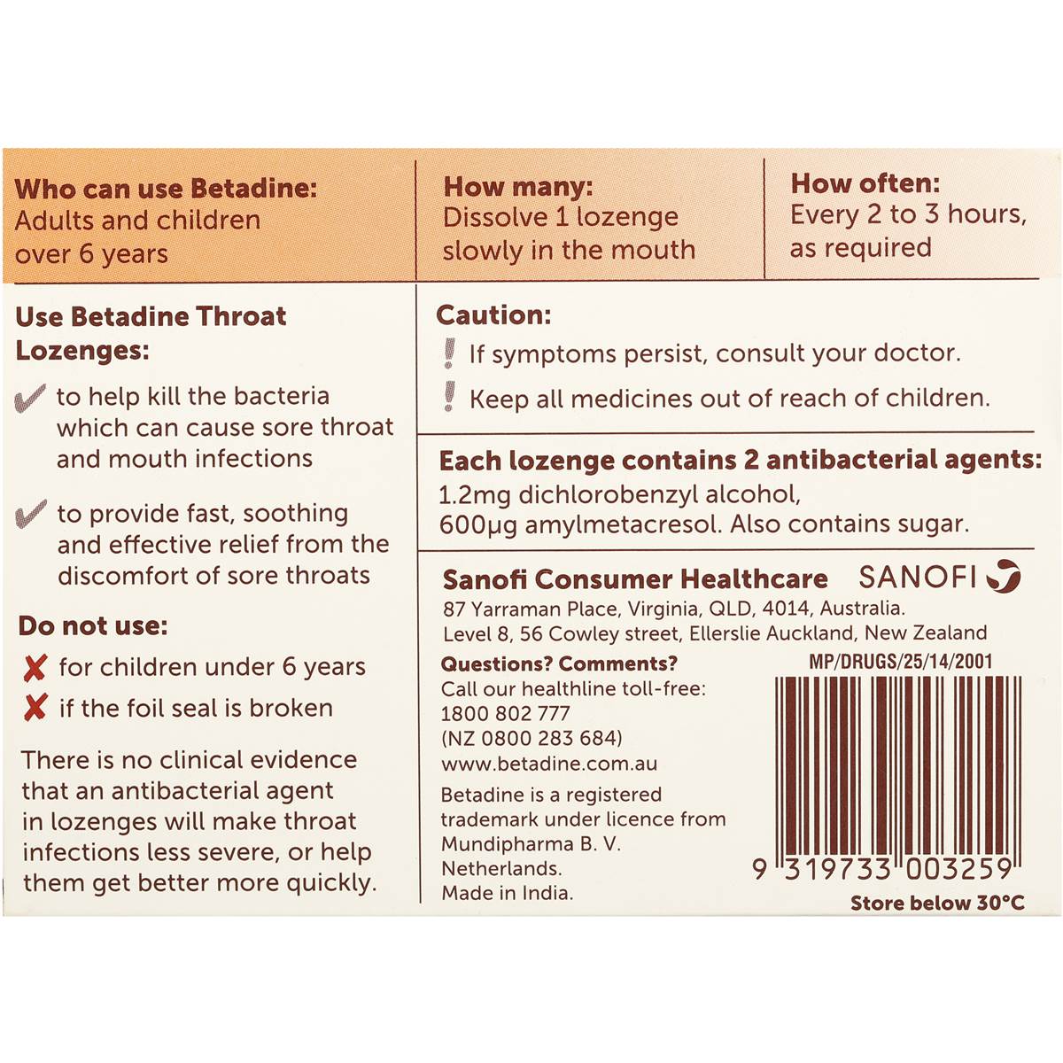 Betadine Sore Throat Lozenges Orange 16pk | Woolworths