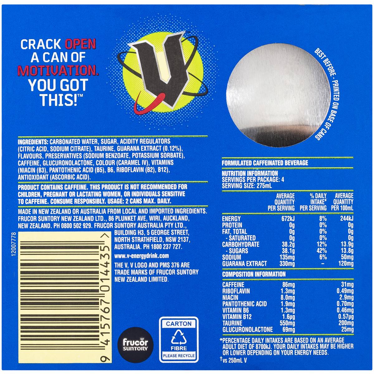 V Energy Drink Blue 4x275ml | Woolworths