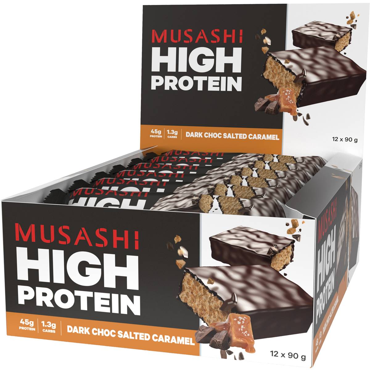 Musashi High Protein Bar Dark Choc Salted Caramel, 45g Protein 90g ...