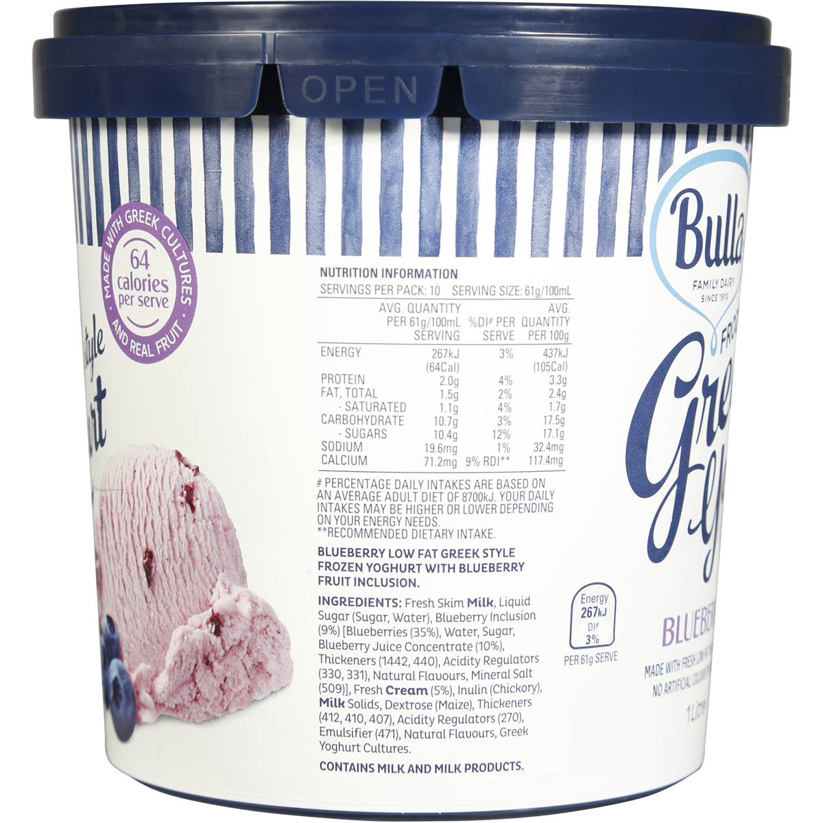 Bulla Frozen Greek Yoghurt Blueberry 1l Tub | Woolworths
