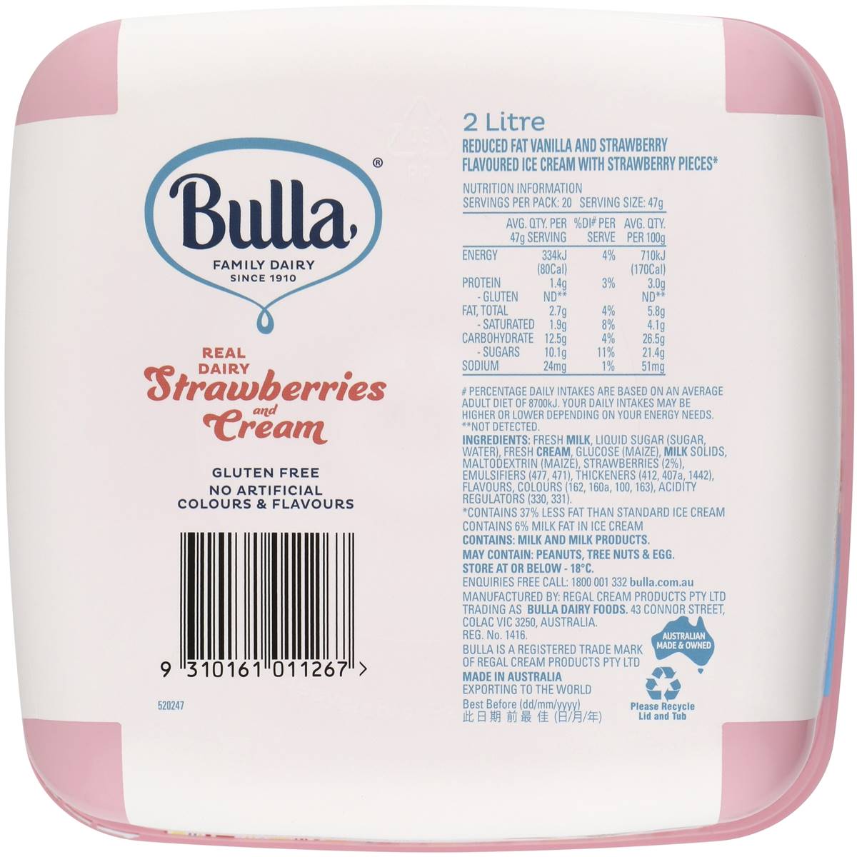 Bulla Reduced Fat Strawberry & Cream Ice Cream 2l | Woolworths