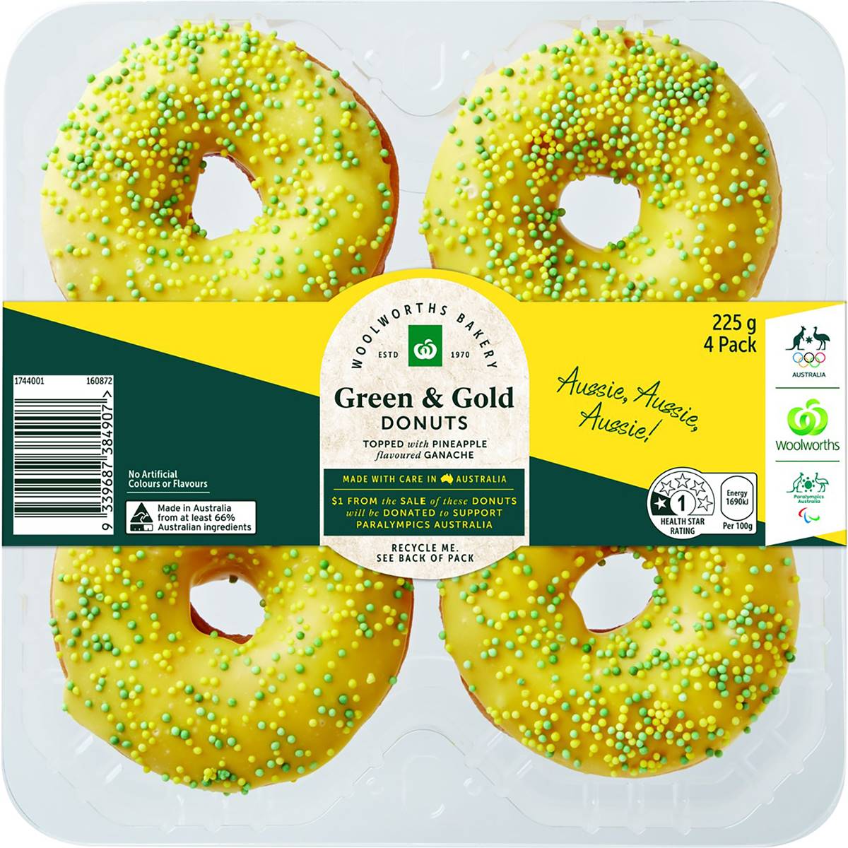 Woolworths Green & Gold Donuts 4 Pack | Woolworths