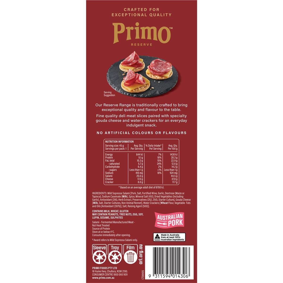Primo Reserve Mild Sopressa & Gouda Cheese With Water Crackers 45g ...