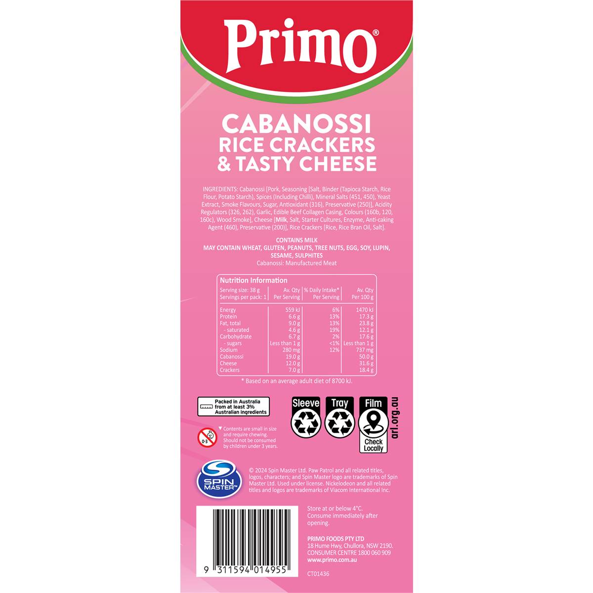 Primo Paw Patrol Cabanossi Rice Crackers & Tasty Cheese 38g | Woolworths