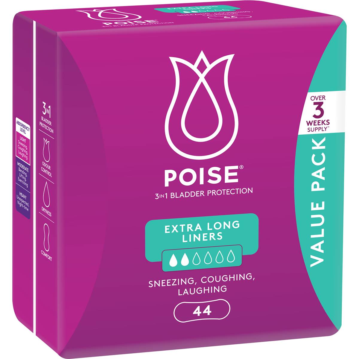 Poise Bladder Protection Liners Extra Long Value 44 Pack | Woolworths