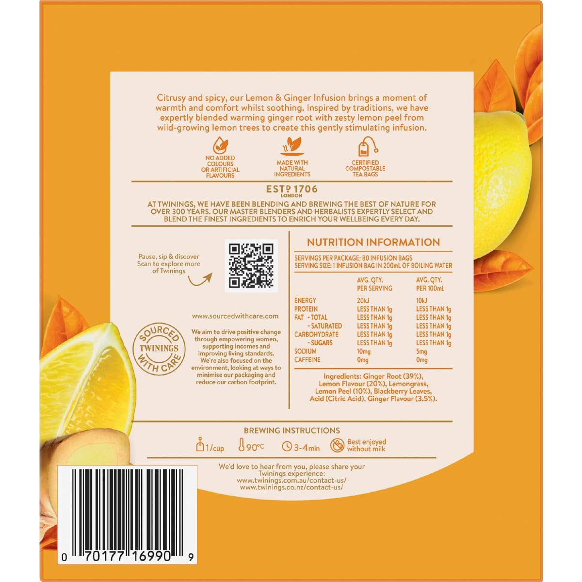 Twinings Tea Bags Lemon & Ginger 80 Pack | Woolworths