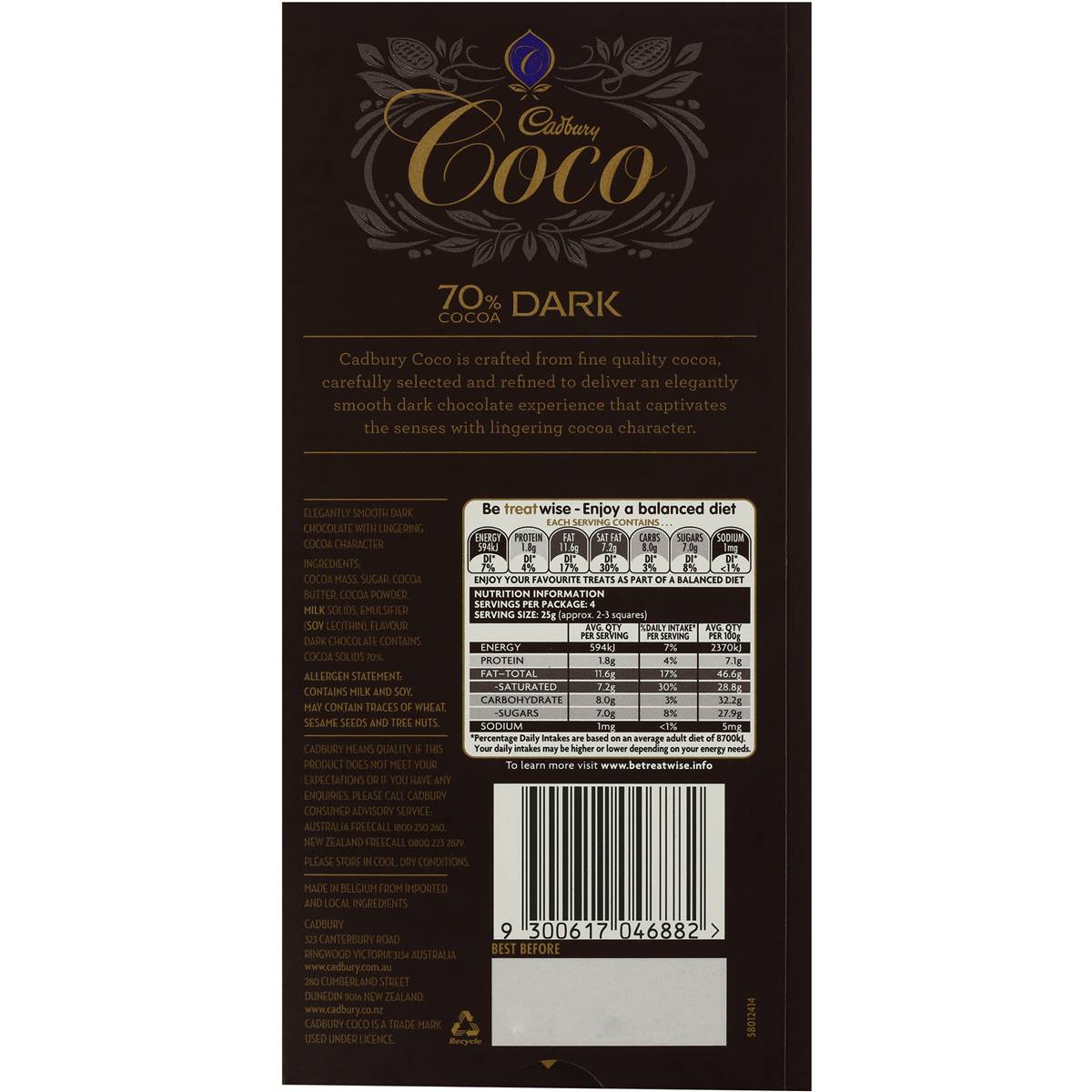 Cadbury Coco 70% Cocoa Dark 100g | Woolworths
