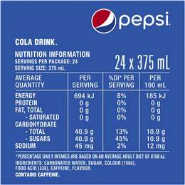 Pepsi Cola Soft Drink Cans Multipack 375ml X 24 Pack | Woolworths