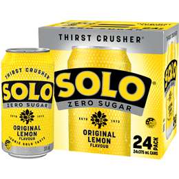 Solo Zero Sugar Original Lemon Soft Drink Cans Multipack 375ml X 24 ...