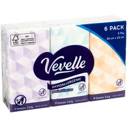 Vevelle 3 Ply 9 Sheets Hypoallergenic Facial Tissues 6 Pack | Woolworths