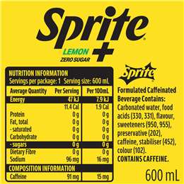 Sprite Lemon+ Zero Sugar Soft Drink Bottle 600ml | Woolworths