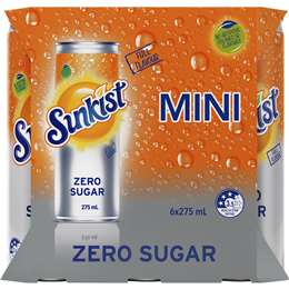 Sunkist Zero Sugar Orange Soft Drink Mini Cans Multipack Sugar Free 275ml X 6 Pack | Woolworths