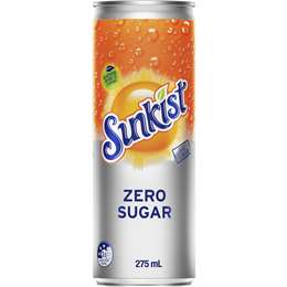 Sunkist Zero Sugar Orange Soft Drink Mini Cans Multipack Sugar Free 275ml X 6 Pack | Woolworths