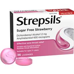 Strepsils Sore Throat Sugar Free Strawberry Lozenges 36 Pack | Woolworths